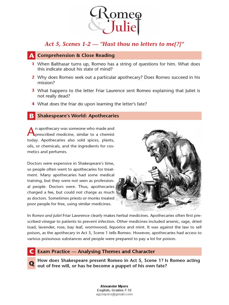 TEACHER - Romeo and Juliet (IGCSE) - Act 5, Scenes 1-2 - Worksheet ...