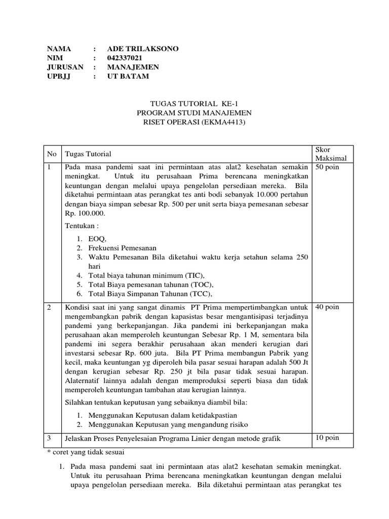 Tugas Mata Kuliah Riset Operasi | PDF