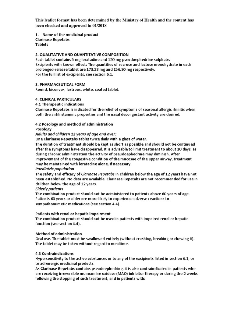 Clarinase Repetabs: Dosage & Safety Info | PDF | Pharmacokinetics ...
