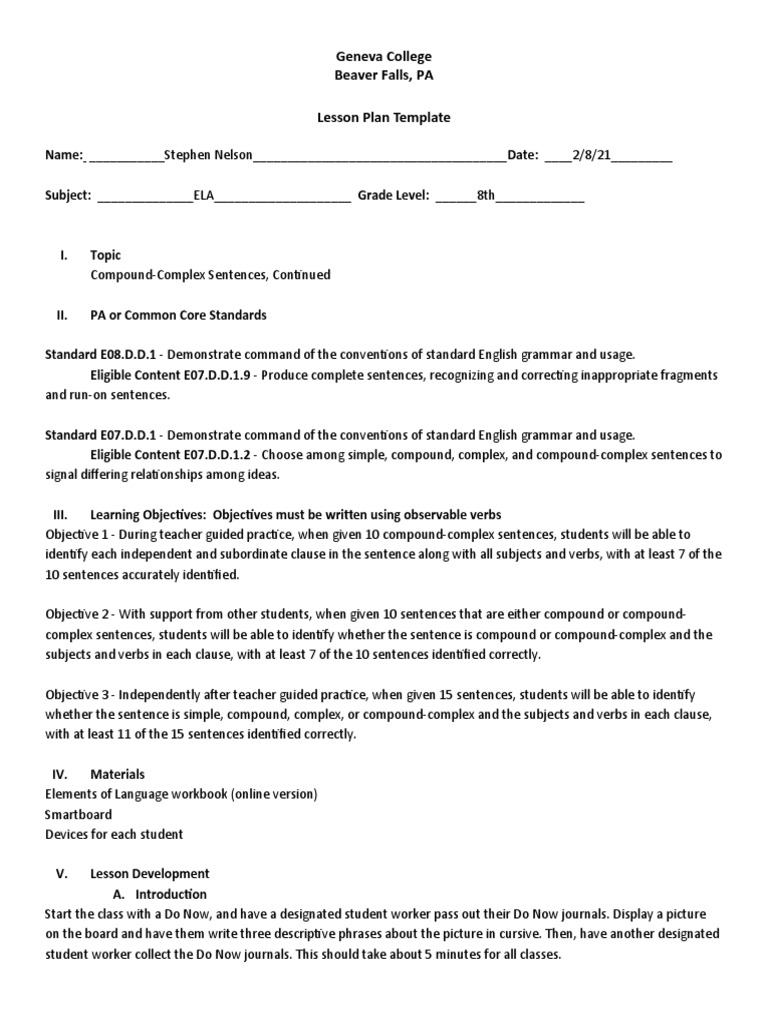 8th Grade ELA Lesson Plan: Sentence Structures | PDF | Sentence ...