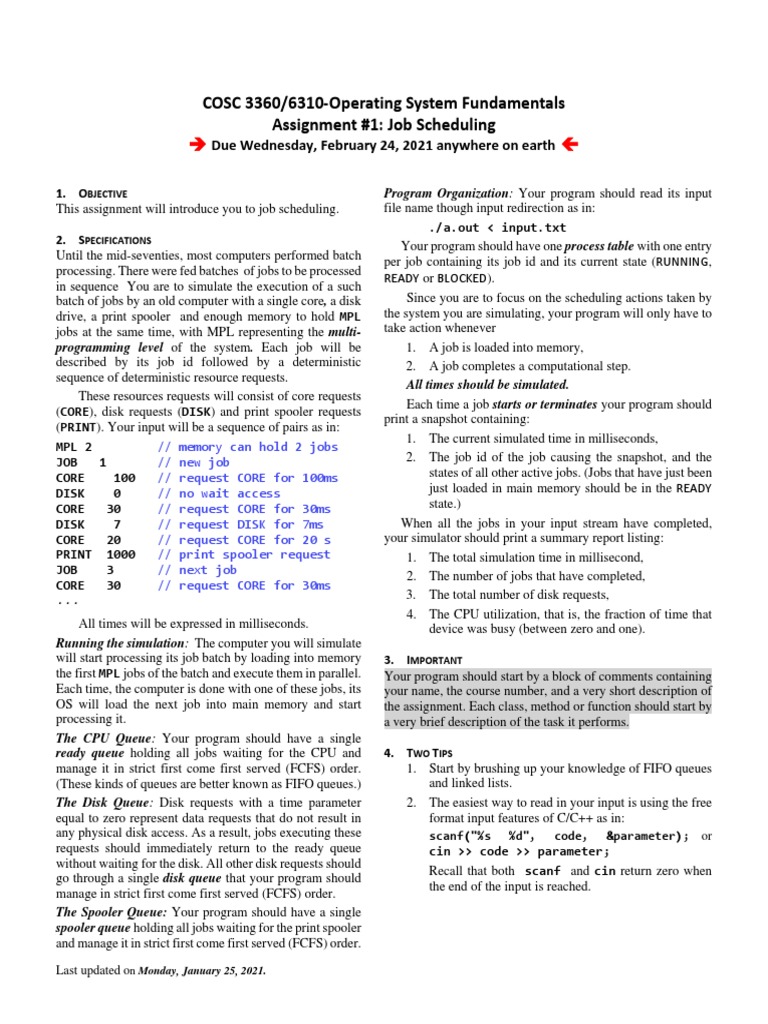 COSC 3360/6310 Operating System Fundamentals Assignment #1: Job Scheduling | Download Free PDF ...