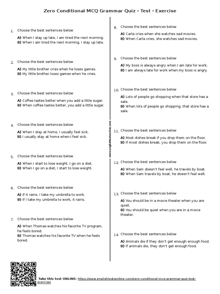 Zero Conditional MCQ Grammar Quiz Test Exercise | PDF