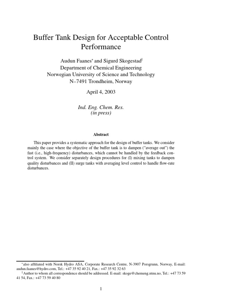 Buffer Tank Design For Acceptable Control Performance | PDF | Control ...