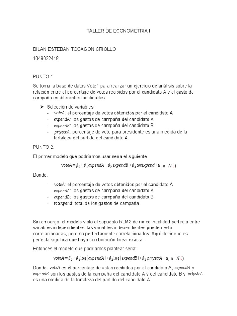 Taller de Econometria I | PDF | Análisis de regresión | Mínimos cuadrados ordinarios