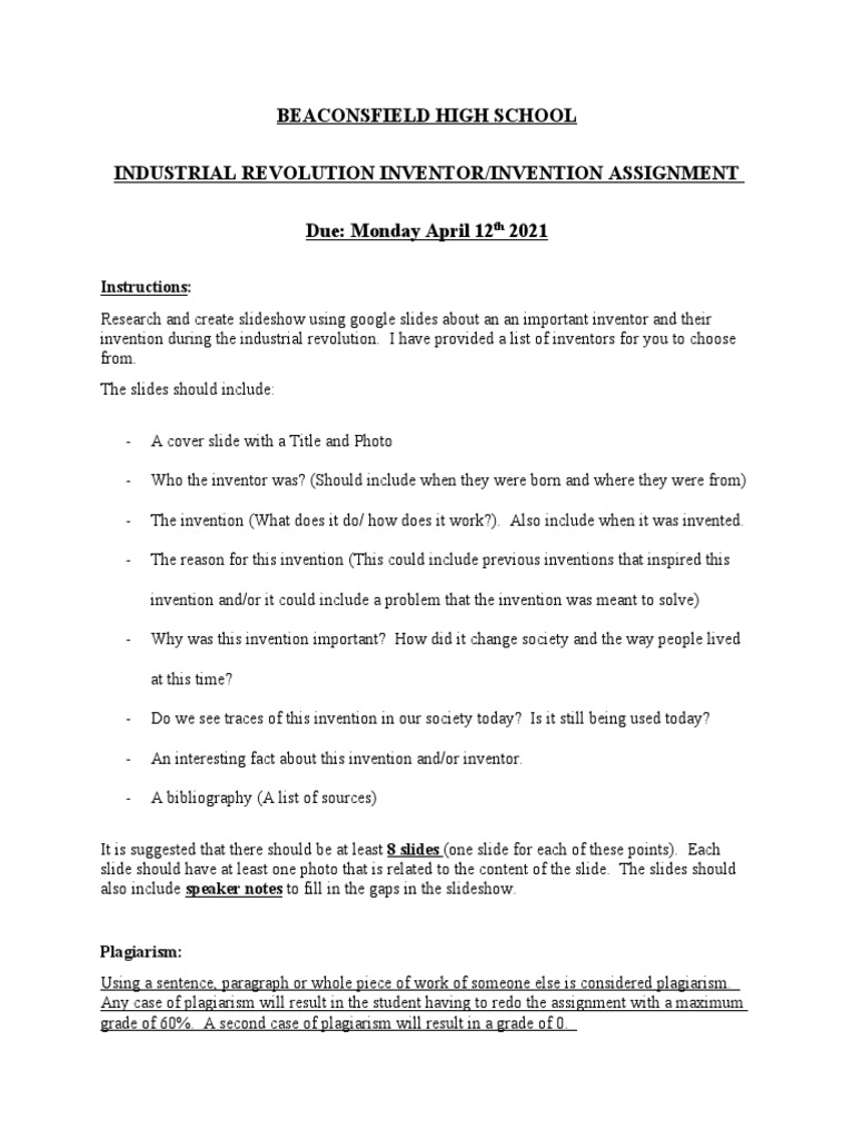 Industrial Revolution Invention Assignment and Rubric | PDF | Language ...