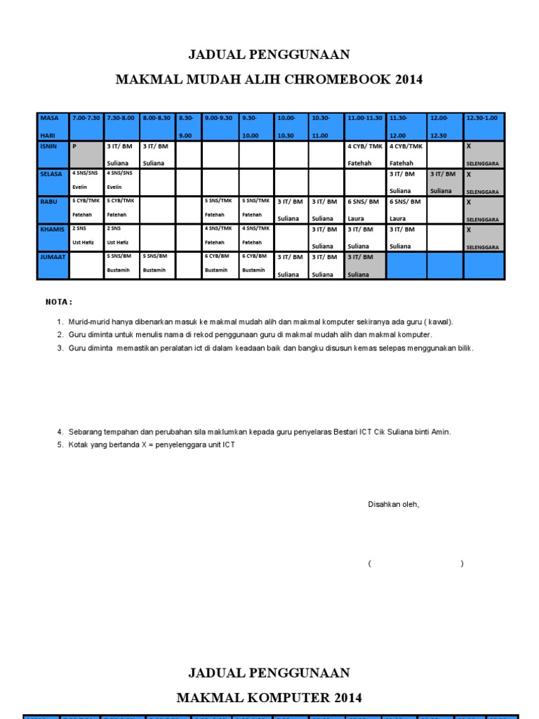 Jadual Penggunaan Bilik Ict 2014 | PDF