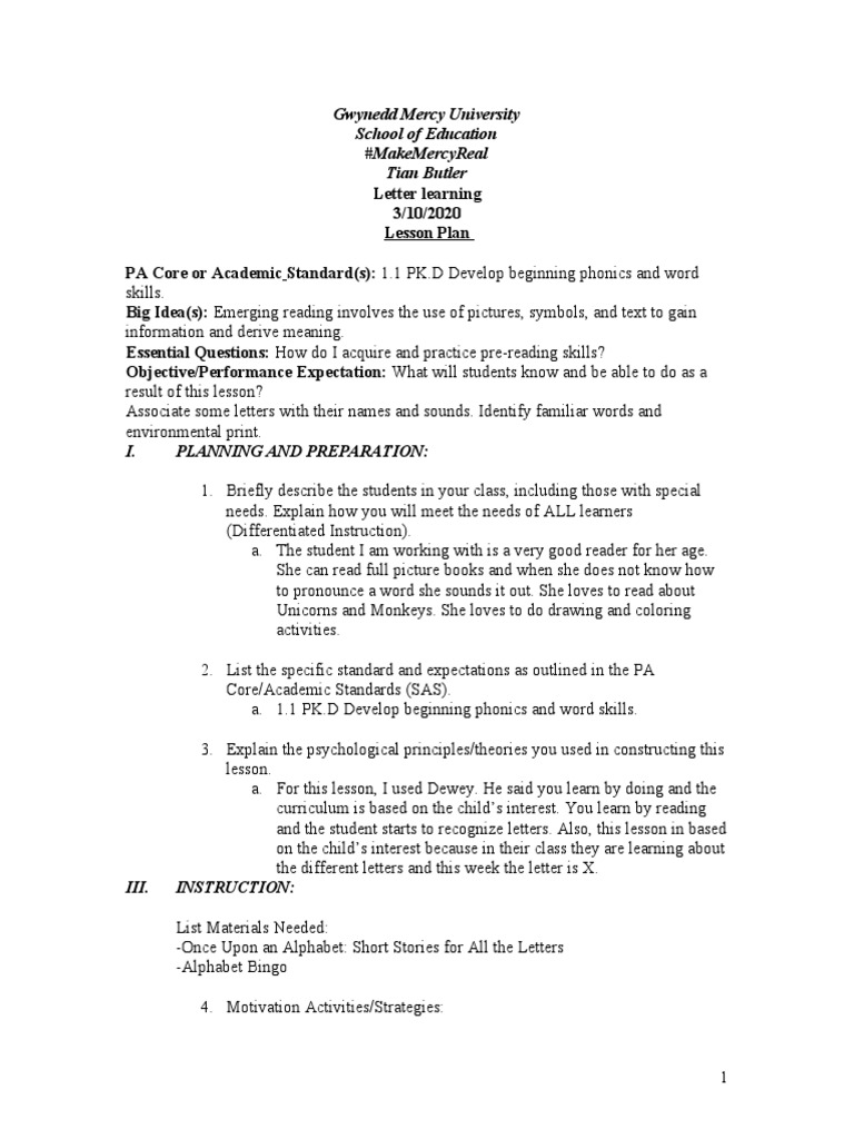 Letter Learning Lesson Plan | PDF | Phonics | Teaching