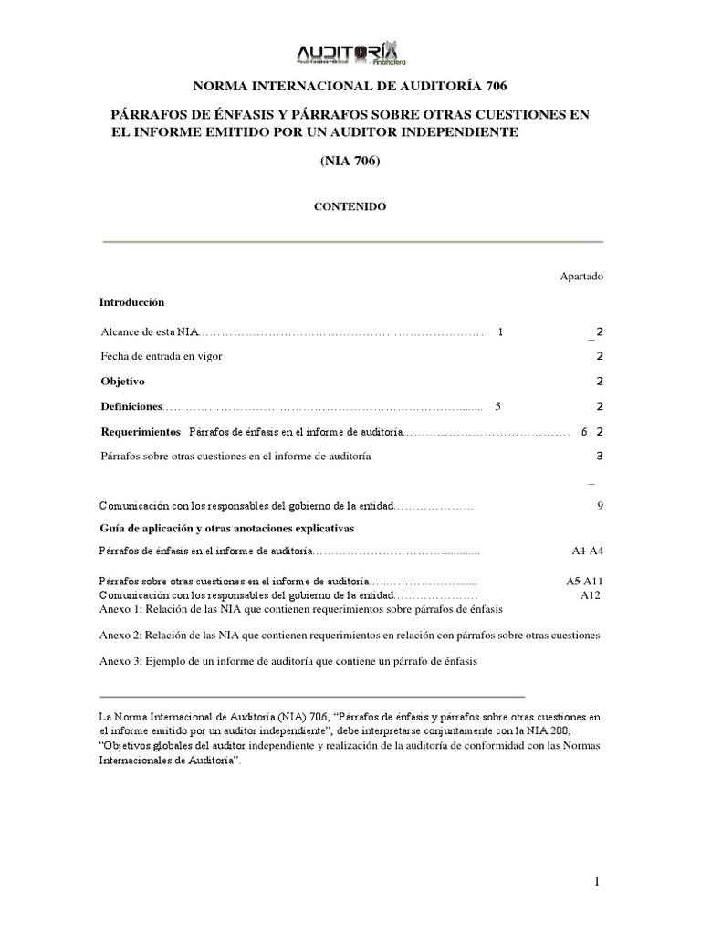 Nia 706 | PDF | Auditoría | Contralor