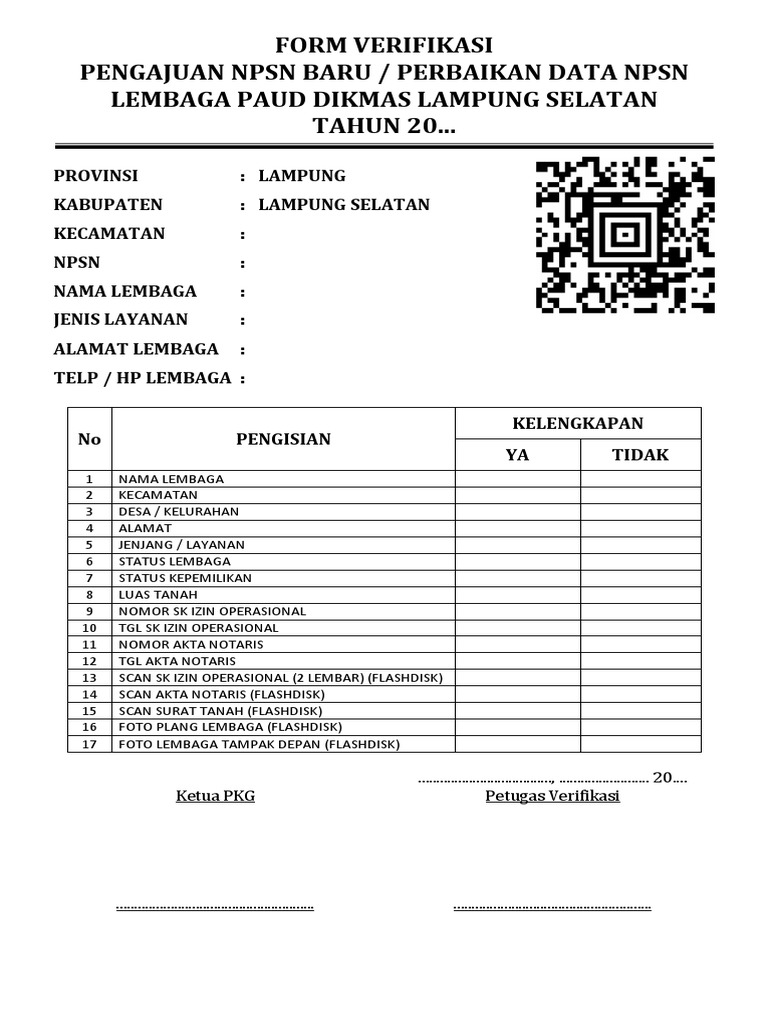 Form Verifikasi NPSN Baru | PDF