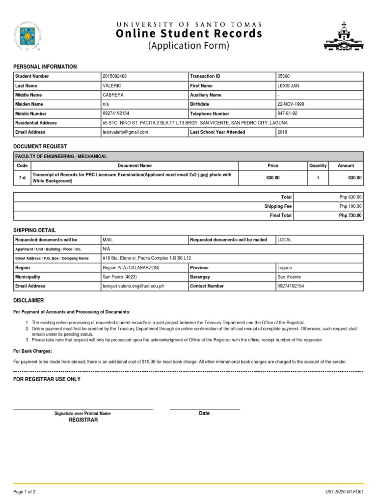 UST Transcript Request Instructions | PDF | Receipt | Banks