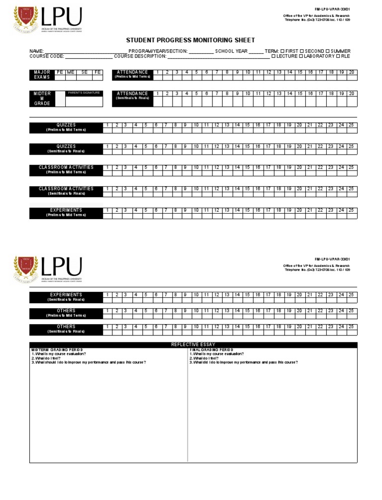 Student Progress Monitoring Sheet | PDF | Education Theory | Evaluation