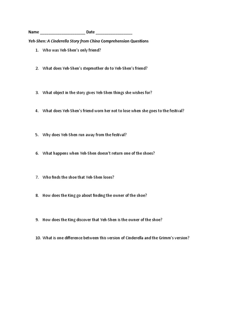 Yeh-Shen: A Cinderella Story From China Comprehension Questions | PDF