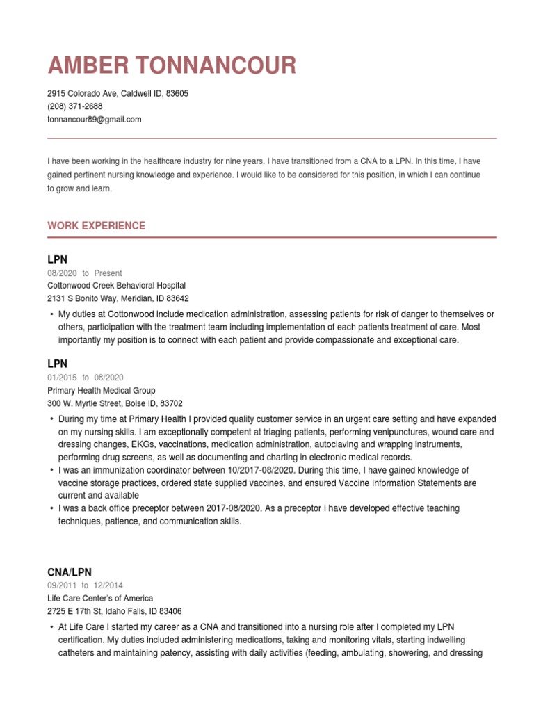 Amber Tonnancour Resume 1 | PDF | Medical Record | Nursing