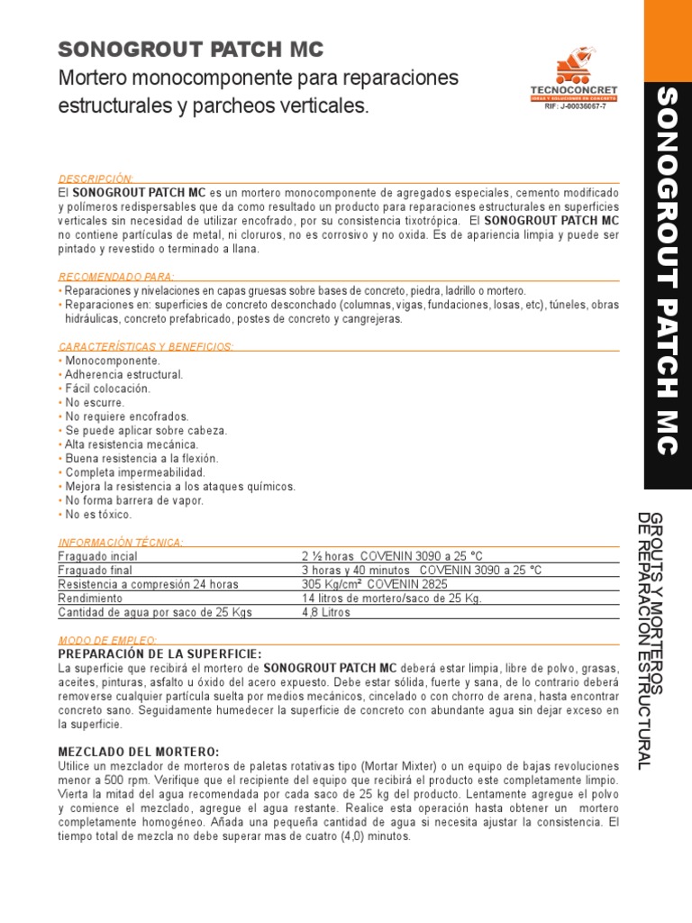 Sonogrout Patch MC | PDF | Hormigón | Materiales