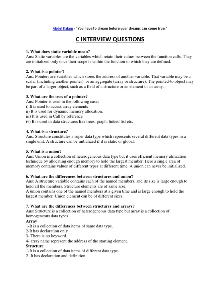 C Interview Questions: Static Variables, Pointers, Structures | PDF | Pointer (Computer ...