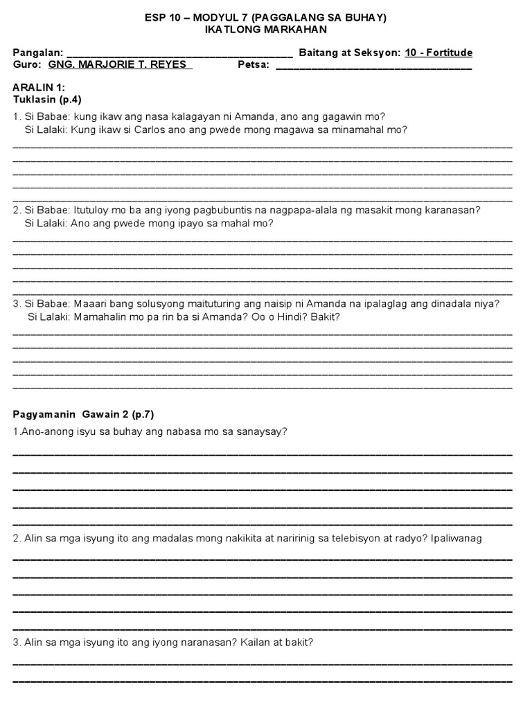 Answersheet ESP 10 3rd Grading M7 | PDF
