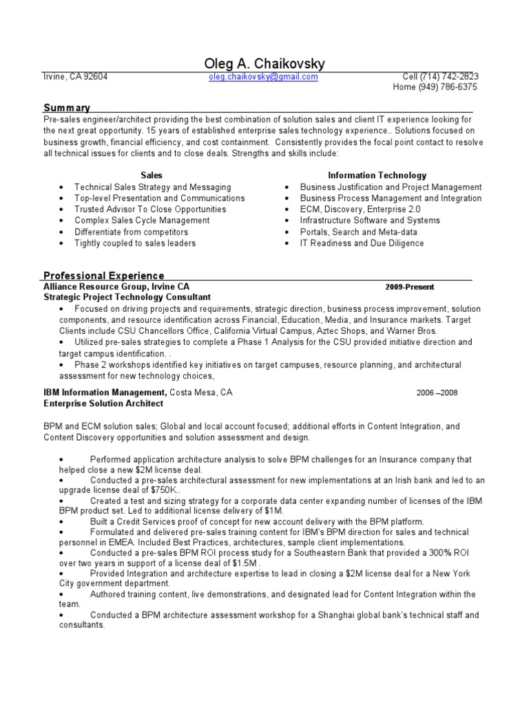 Pre-Sales Engineer Resume: Oleg Chaikovsky | PDF | Business Process ...
