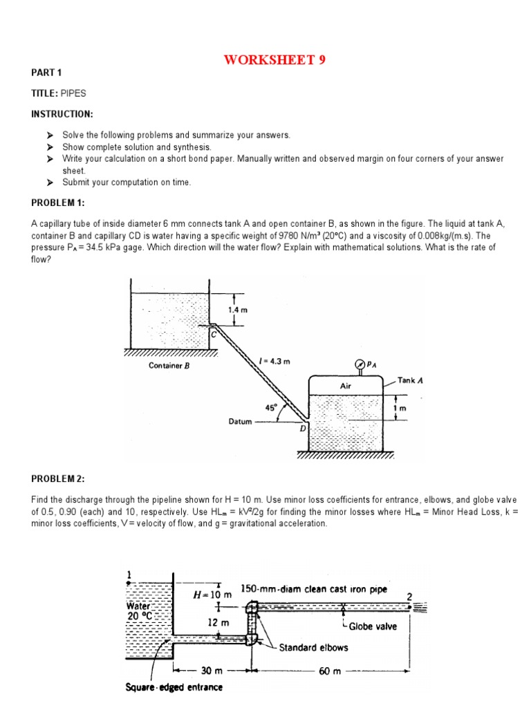Worksheet 9: Title: Pipes Instruction | PDF | Fluid Dynamics | Pump