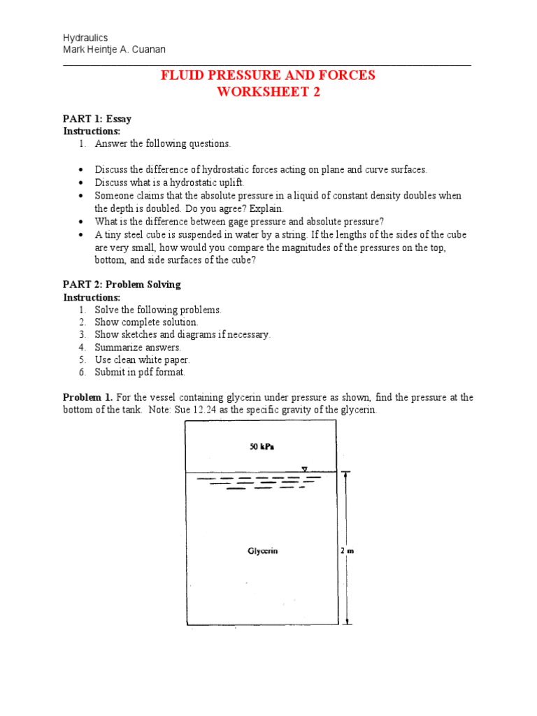 Fluid Pressure and Hydrostatics Worksheet | PDF | Teaching Methods ...