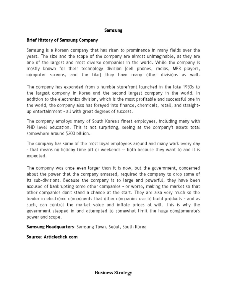Samsung Brief History of Samsung Company: Business Strategy | PDF ...