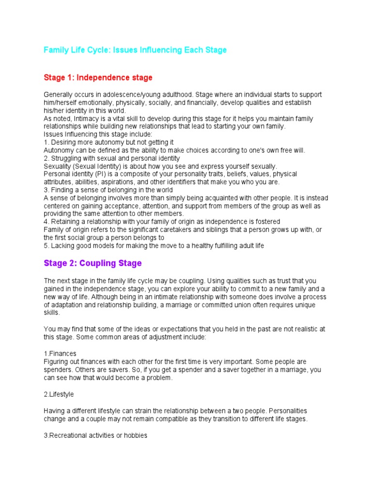 Stage 1: Independence Stage: Family Life Cycle: Issues Influencing Each ...