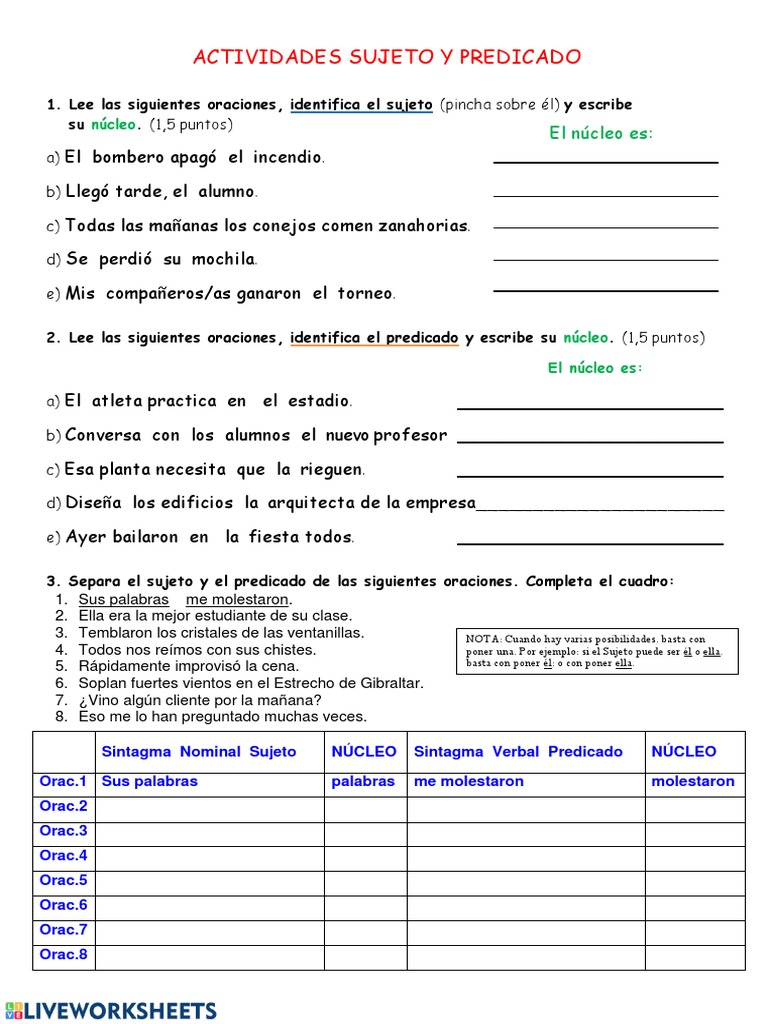 Hoja De Trabajo De Sujeto Y Predicado Compuesto