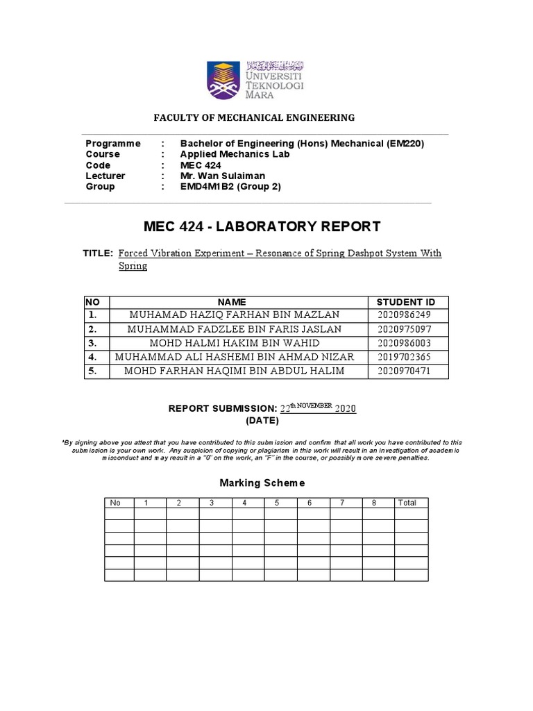 Mec 424 - Laboratory Report: Faculty of Mechanical Engineering | PDF ...