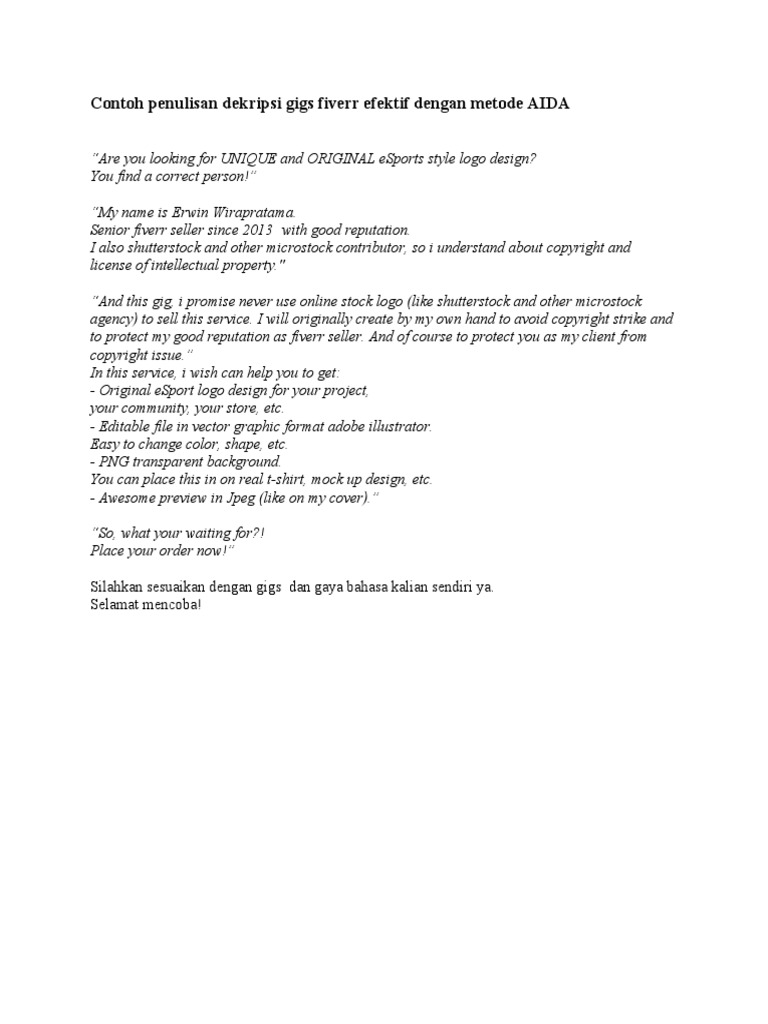 Contoh Penulisan Dekripsi Gigs Fiverr Efektif Dengan Metode AIDA | PDF | Games & Activities