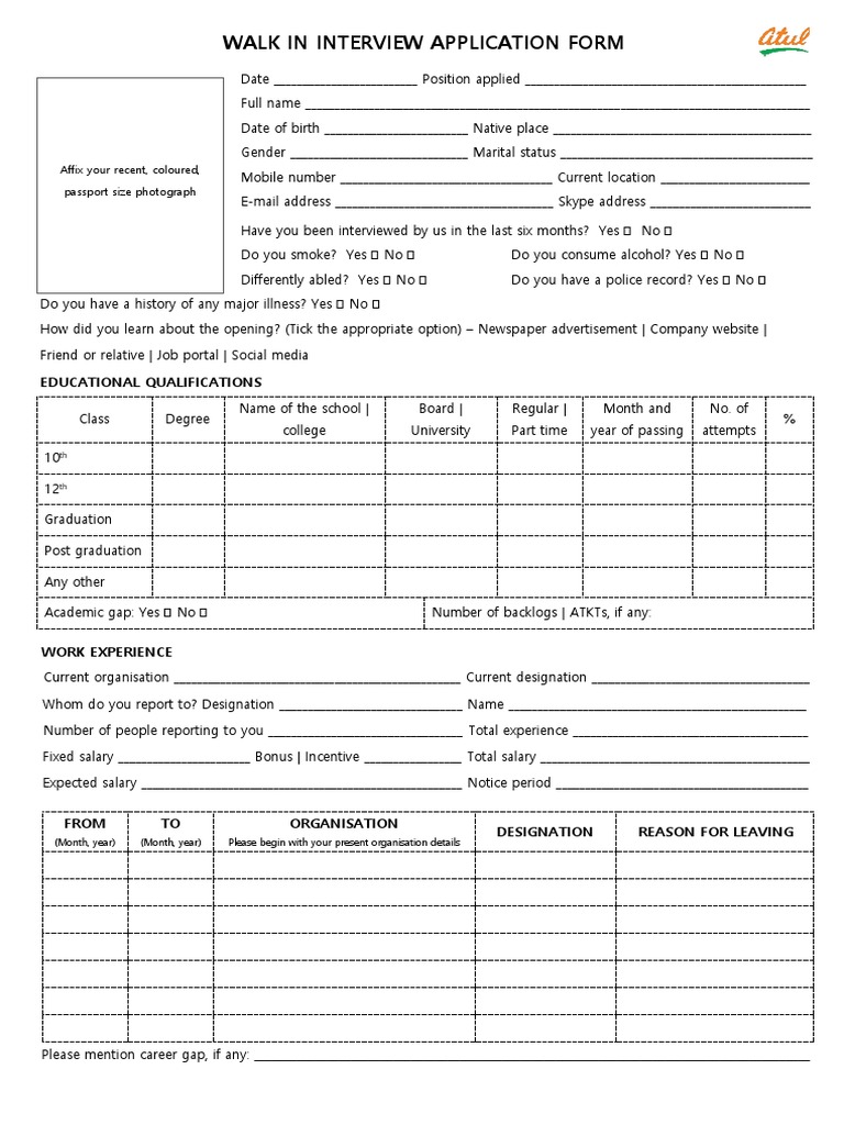 Walk in Interview Application Form: Affix Your Recent, Coloured ...