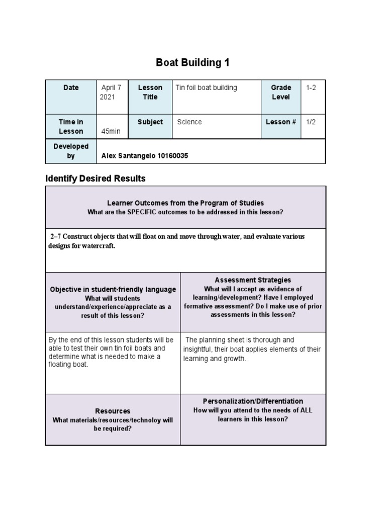 Boat Lesson Plan-2 | PDF | Educational Assessment | Applied Psychology