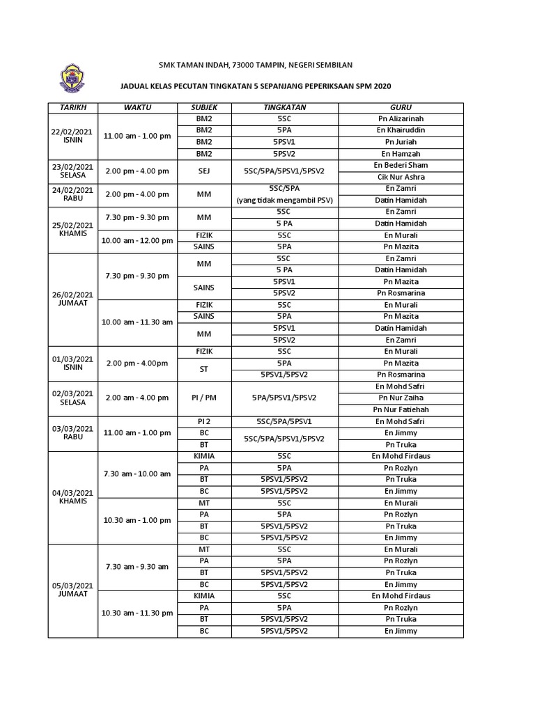 Jadual Kelas SPM Tingkatan 5 2021 | PDF
