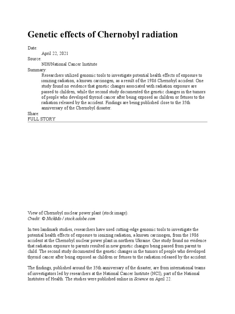 Genetic Effects of Chernobyl Radiation | PDF | Ionizing Radiation ...
