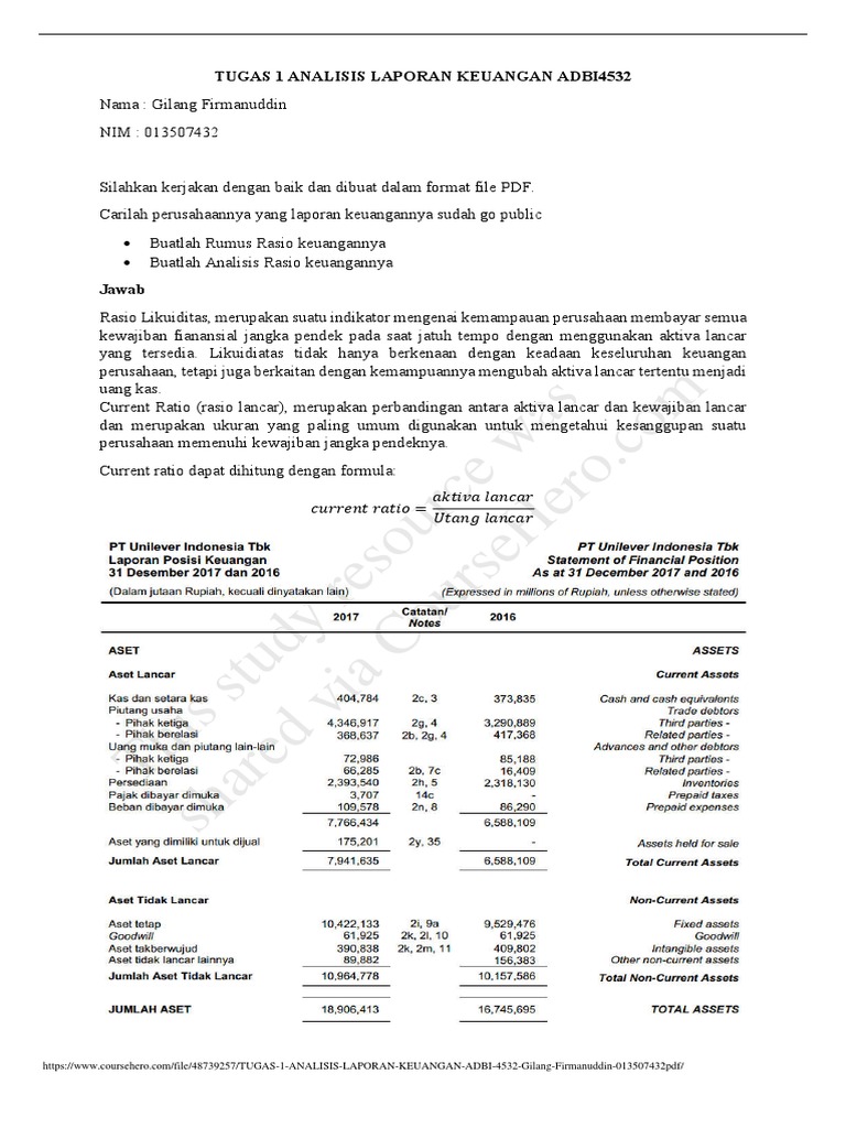 TUGAS 1 ANALISIS LAPORAN KEUANGAN ADBI 4532 Gilang Firmanuddin 013507432 PDF | PDF