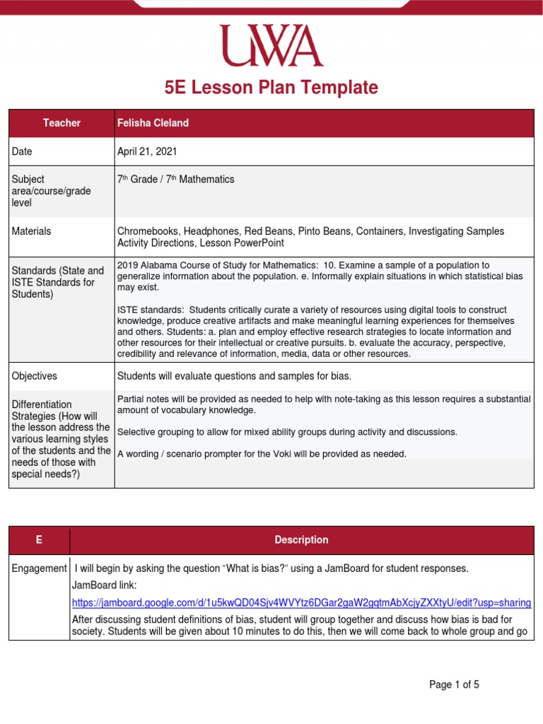 5E Lesson Plan Template: Teacher Felisha Cleland | PDF | Bias | Lesson Plan