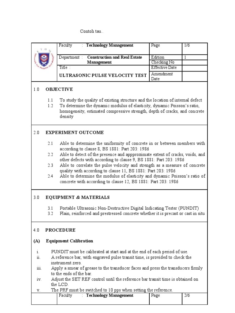 Test 1 - Ultrasonic Pulse Velocity Test | PDF | Ultrasound | Concrete