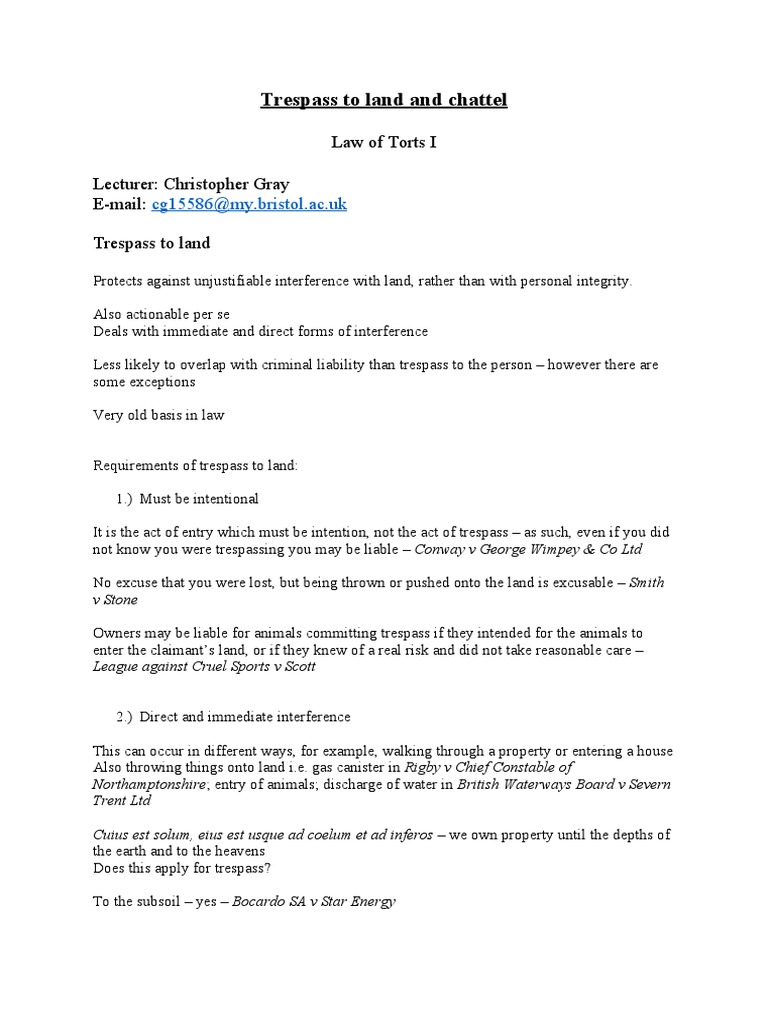 Trespass to Land and Chattel Overview | PDF | Trespass | Tort