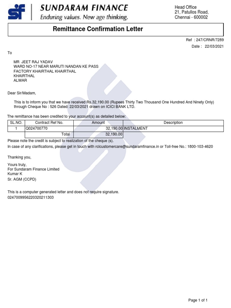Remittance Confirmation Letter | PDF | Finance & Money Management