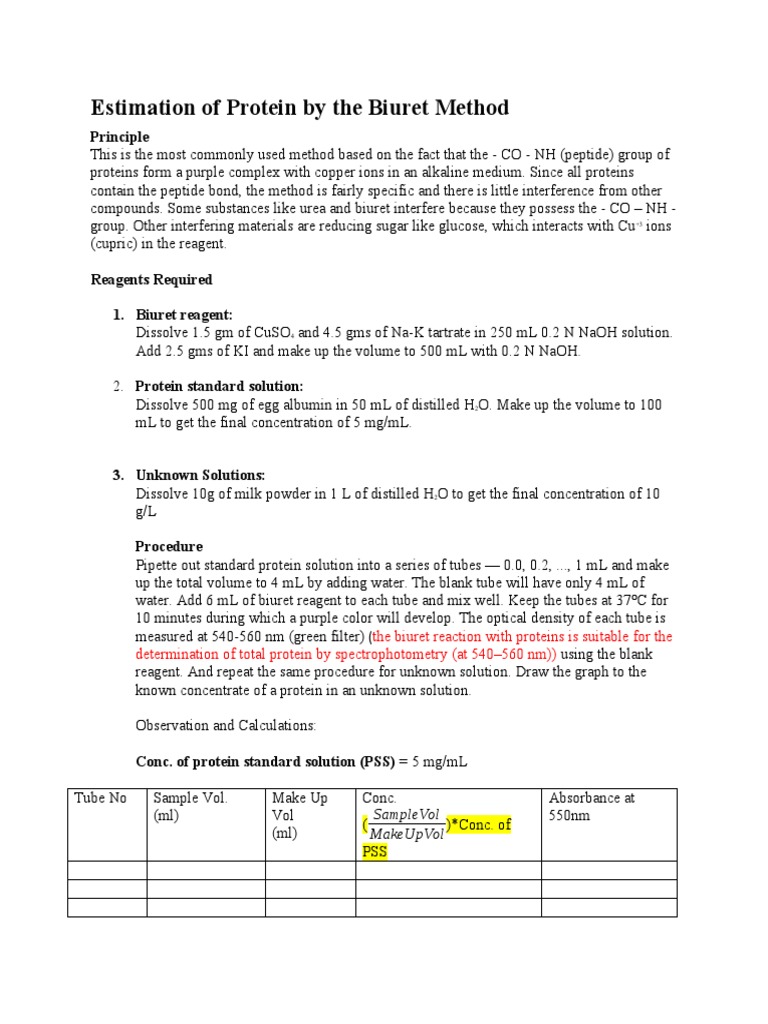 Estimation of Protein by The Biuret Method | PDF | Biochemistry | Chemistry