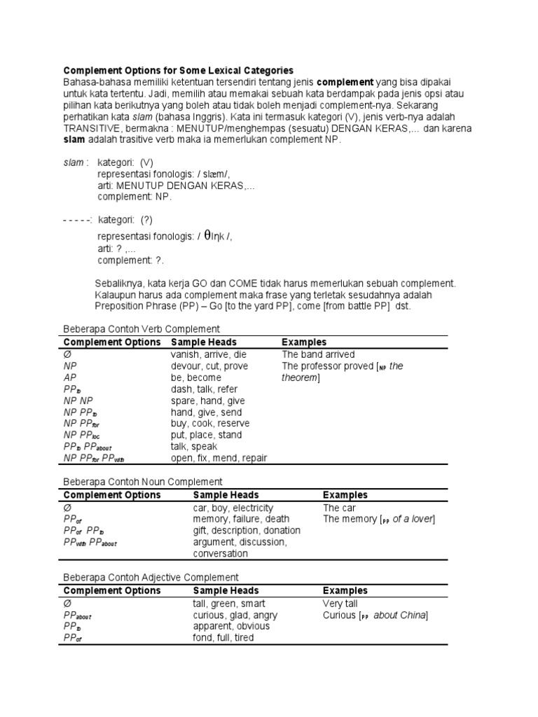 Complement Options For Some Lexical Categories | PDF