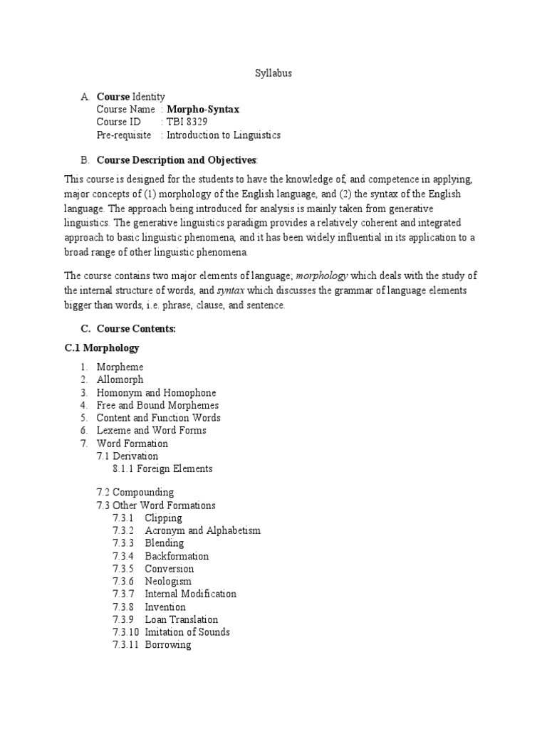 Morphol-Syntax Syllabus | PDF | Morphology (Linguistics) | Phrase