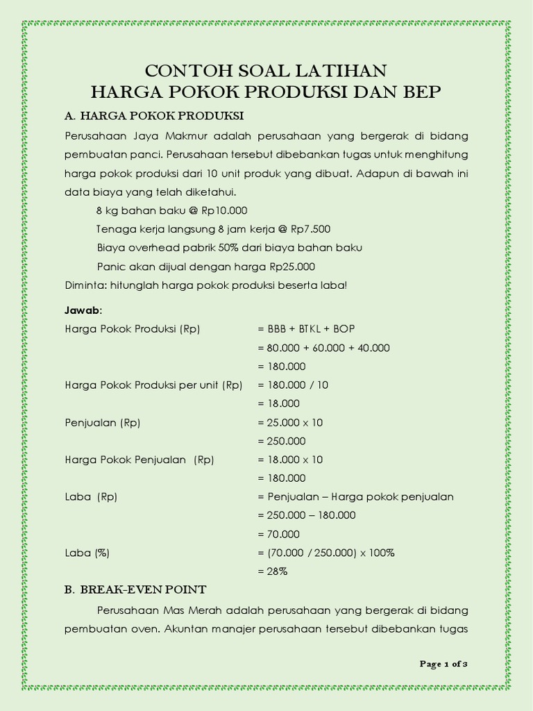 Contoh Soal Latihan Bep Dan Harga Pokok Produksi | PDF