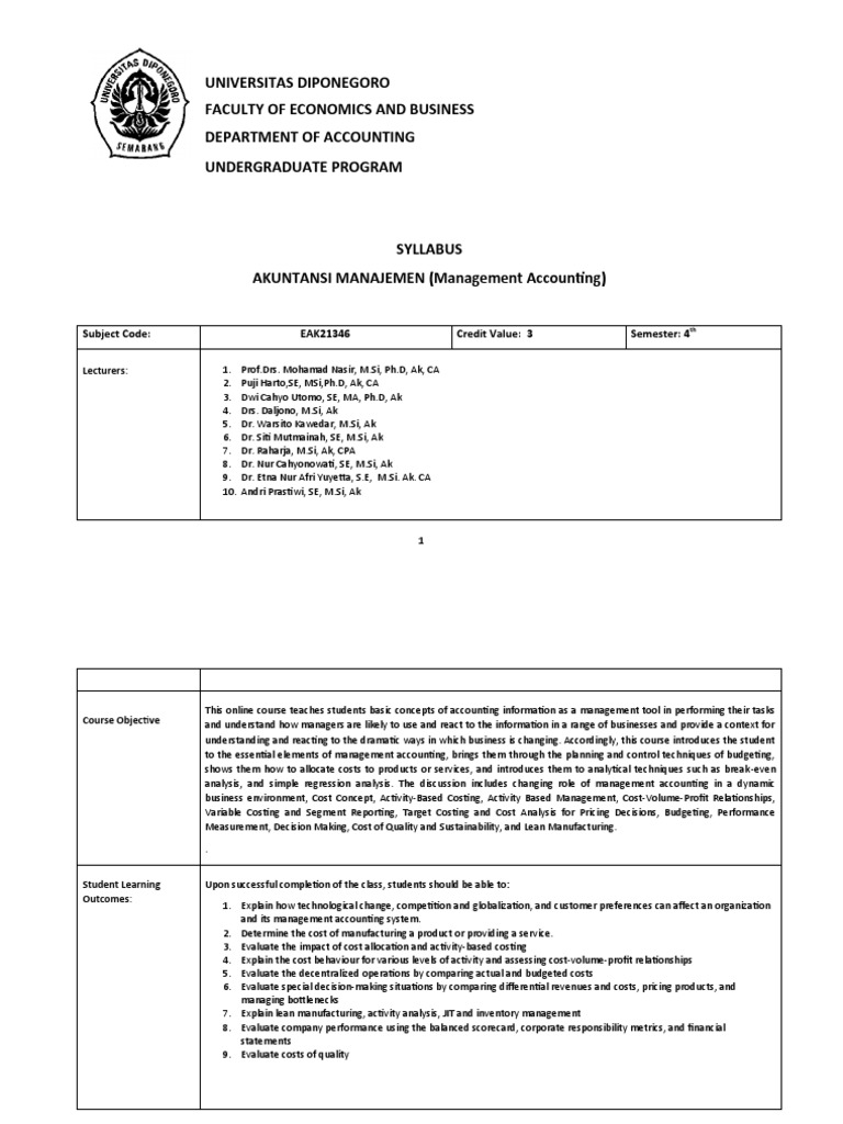 Management Accounting Syllabus | PDF | Management Accounting | Pricing