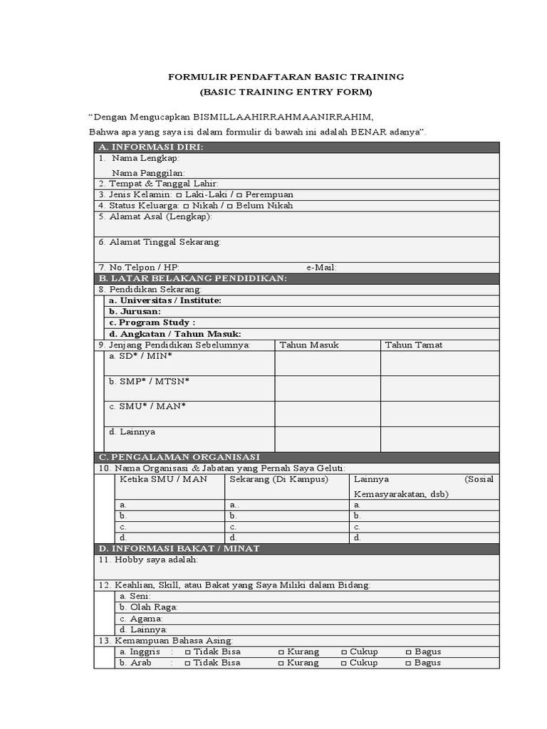 Formulir Pendaftaran Basic Training | PDF