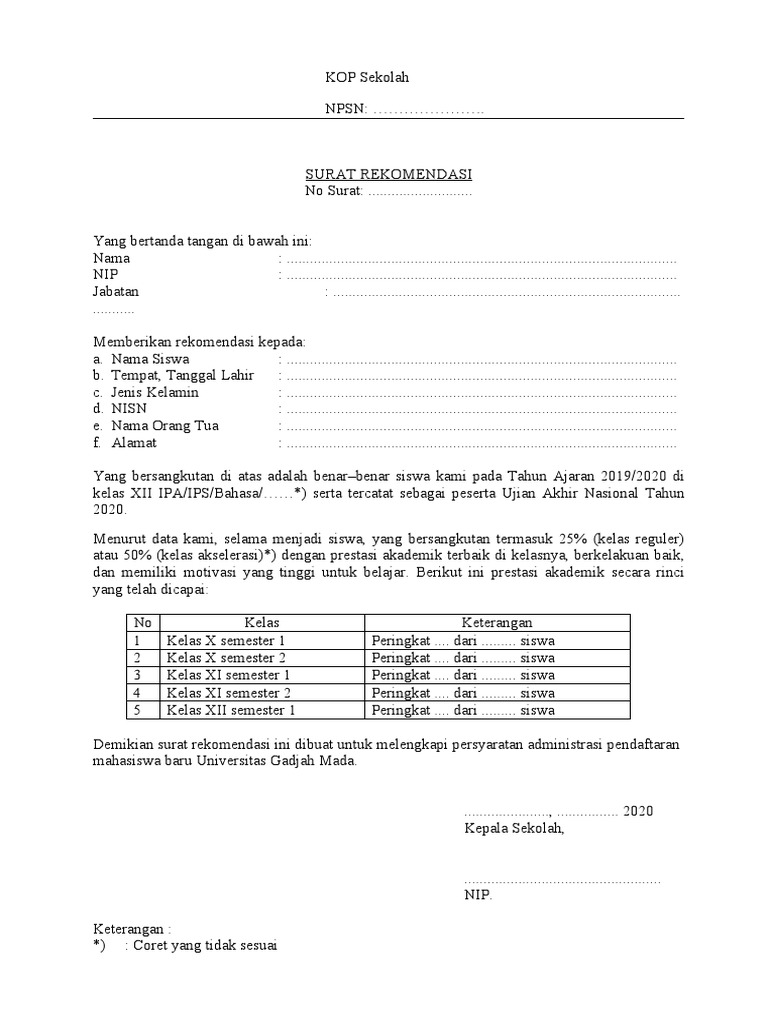 PBUB Surat Rekomendasi Kepala Sekolah Kluster IPTEK | PDF