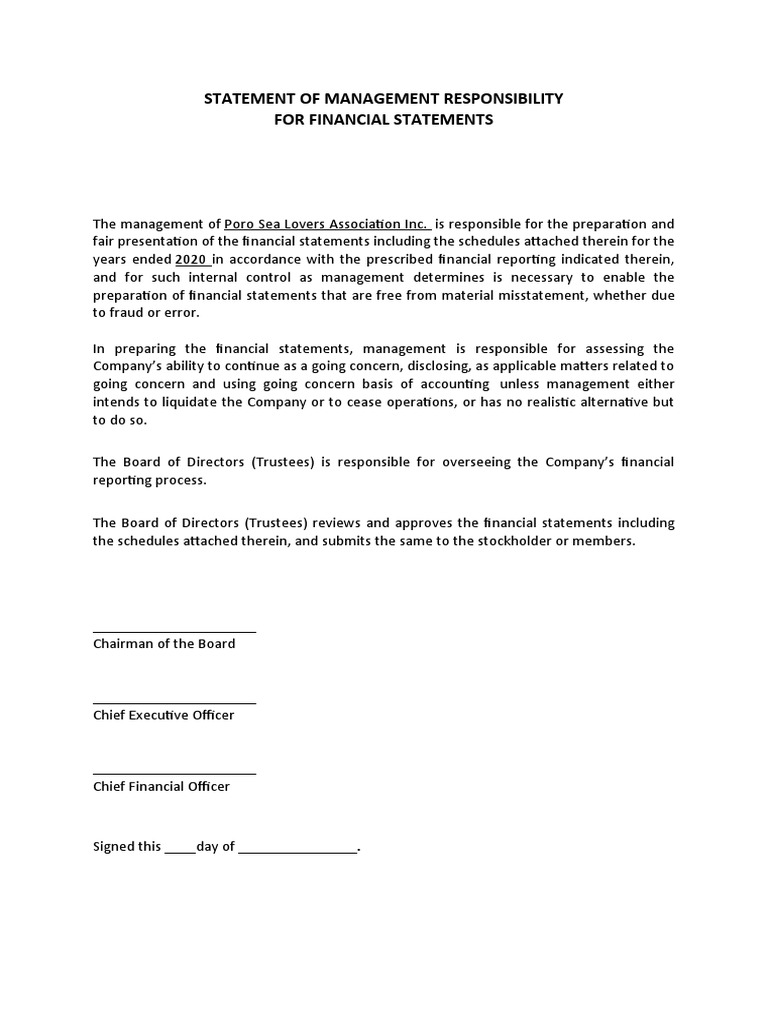 Statement of Management Responsibility For Financial Statements | PDF ...