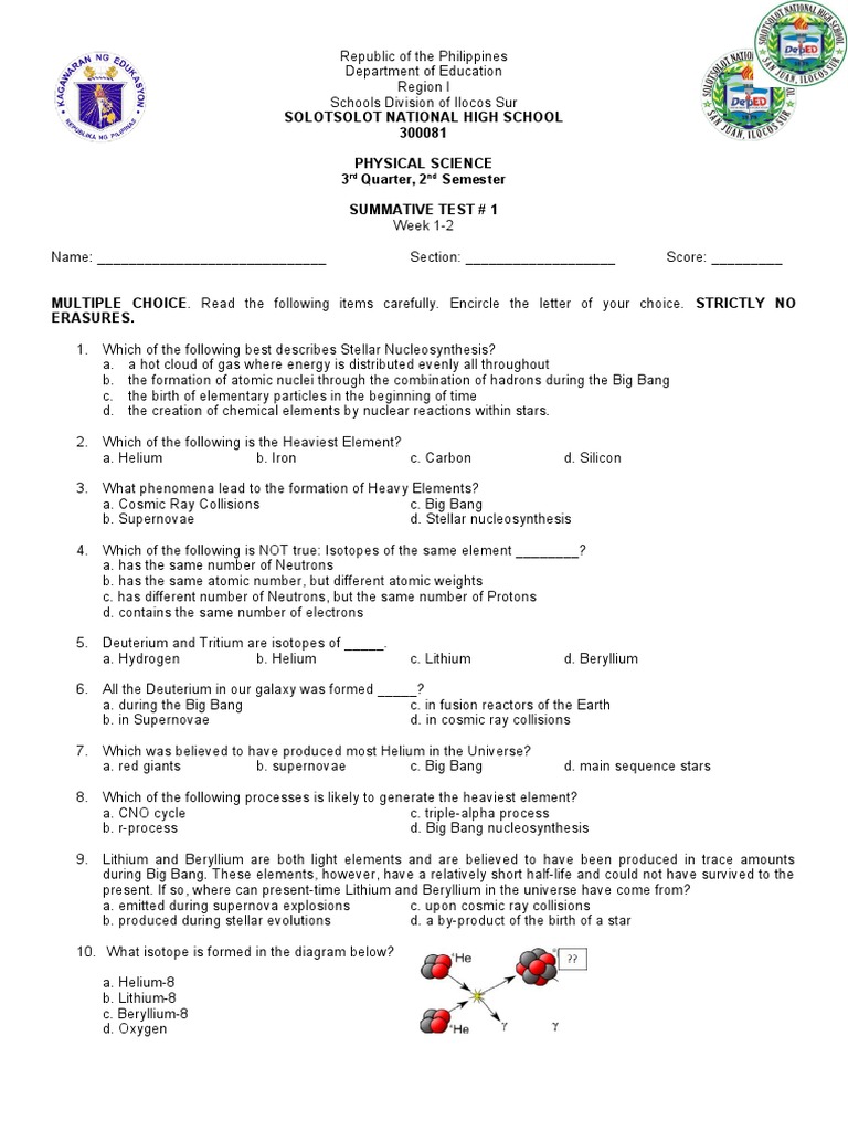 Summative Test 1 - Physical Science | PDF | Chemical Elements | Nuclear ...
