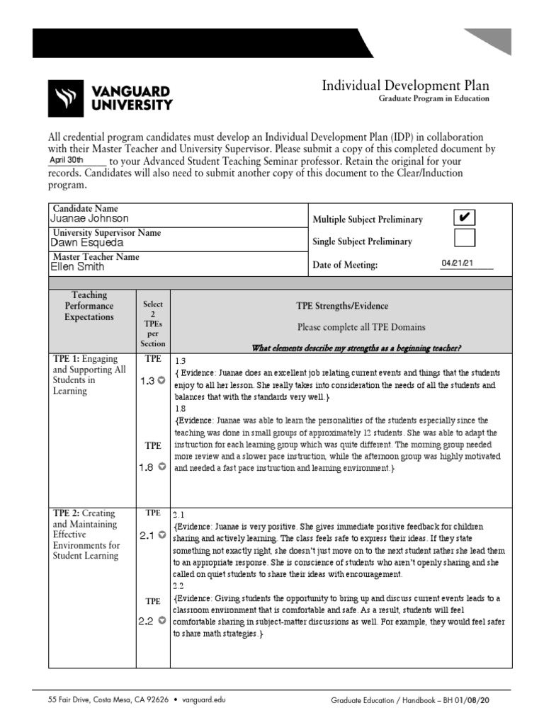 Individual Development Plan: Juanae Johnson Dawn Esqueda Ellen Smith ...