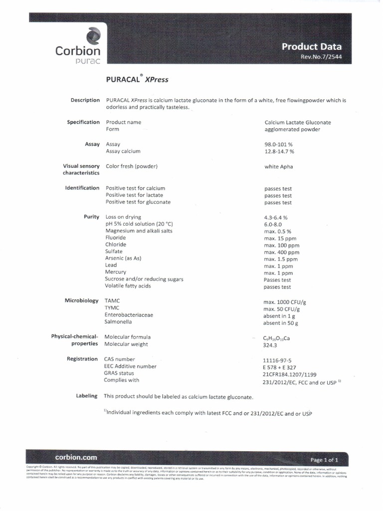 Product Data Sheet - Puracal Xpress From Corbion | PDF