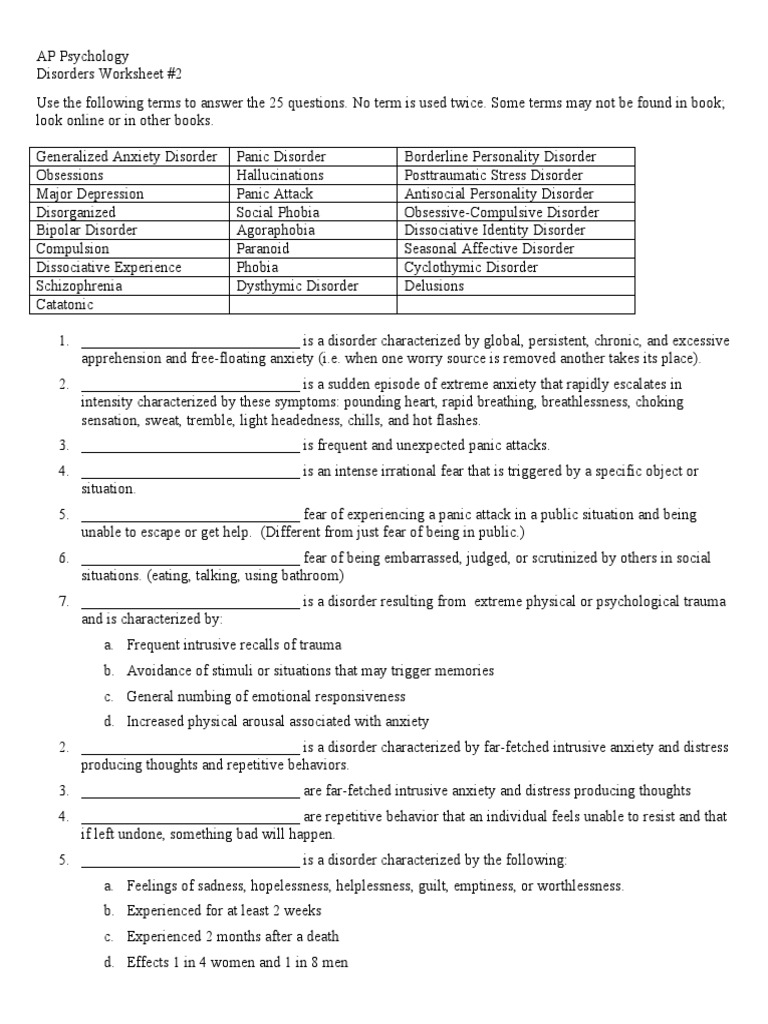 CH 14psych Disorder Worksheetpurple | PDF | Mental Disorder | Anxiety ...