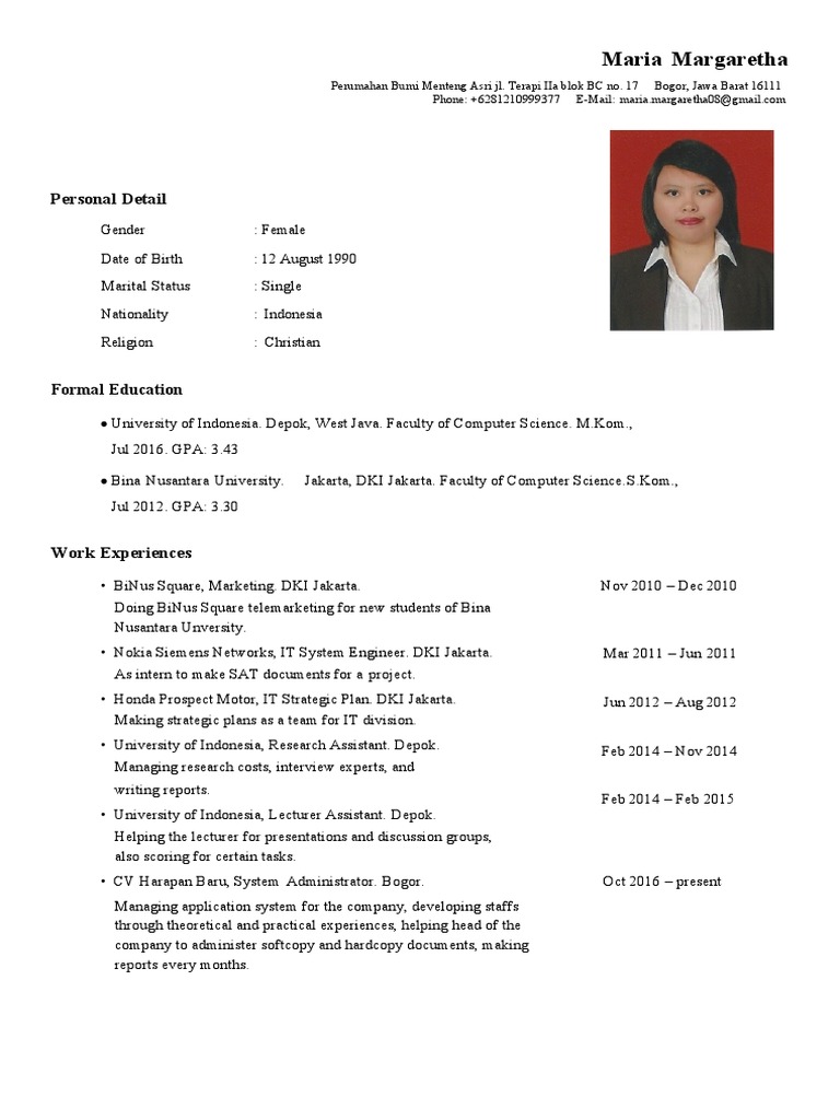 CV Maria Margaretha | PDF | Jakarta | Computing